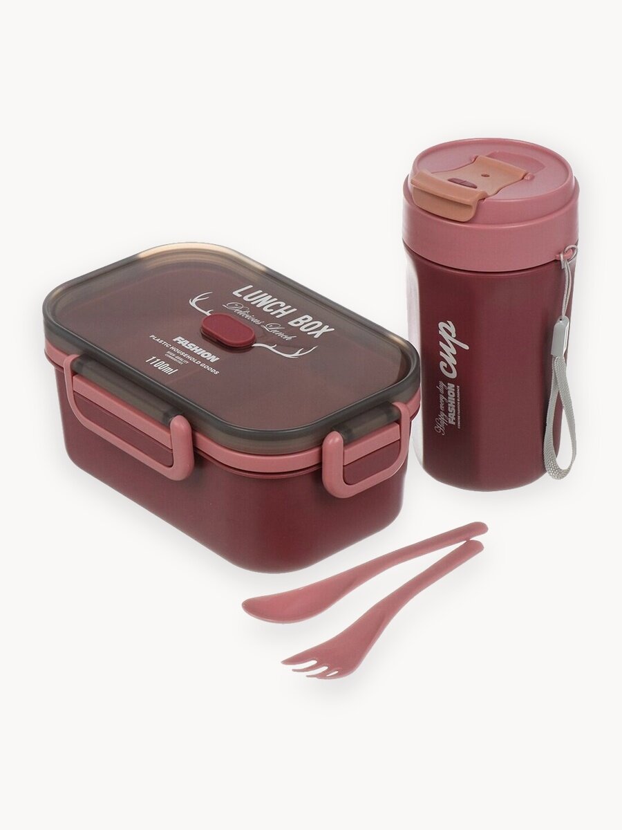 Ланч-бокс пластиковый 1.1 л с бутылкой Y4-8620, розовый, герметичный