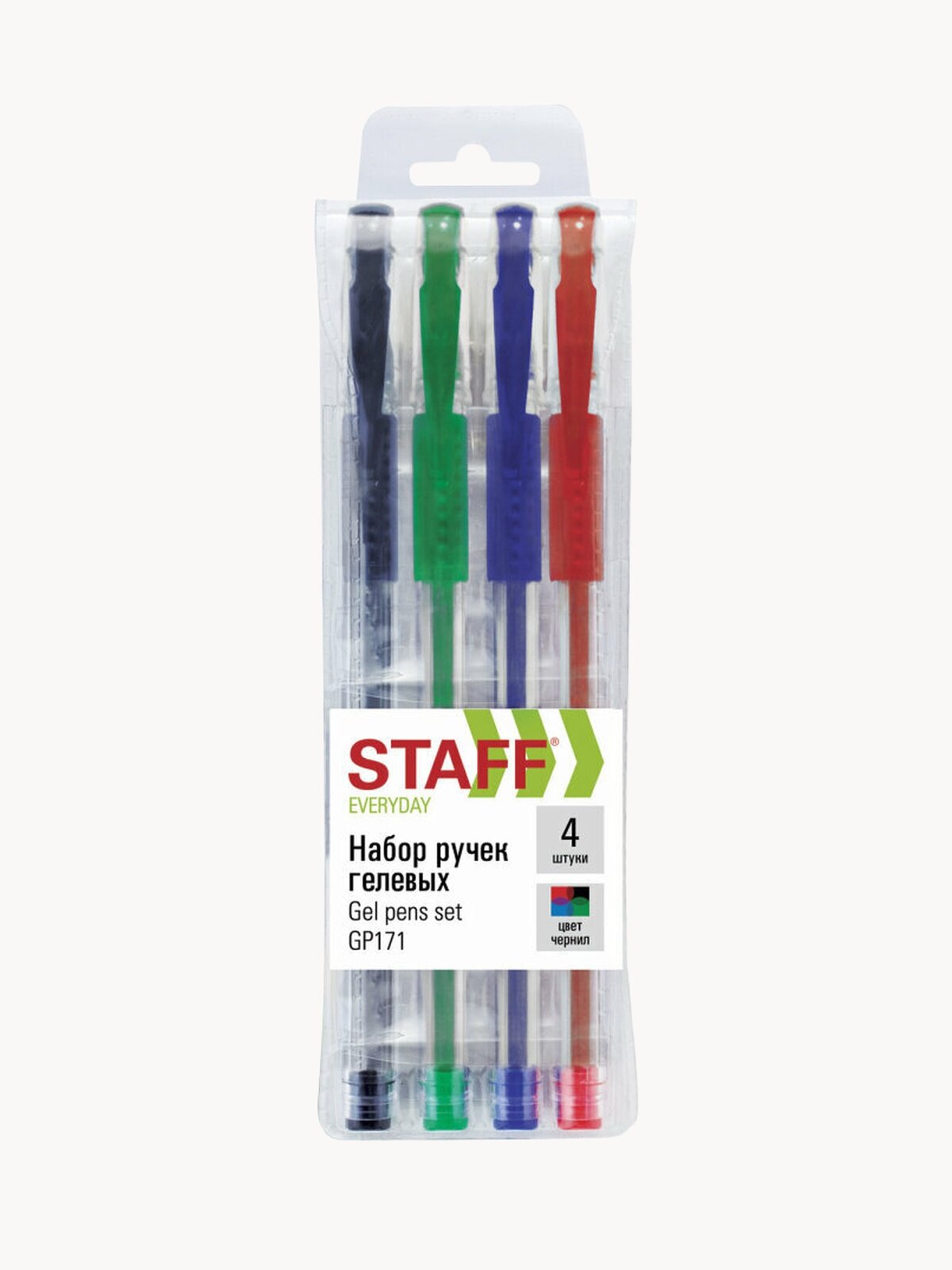 Ручки гелевые с грипом Staff Everyday, Набор 4 шт, Ассорти, узел 0,5 мм, линия письма 0,35 мм, 141826