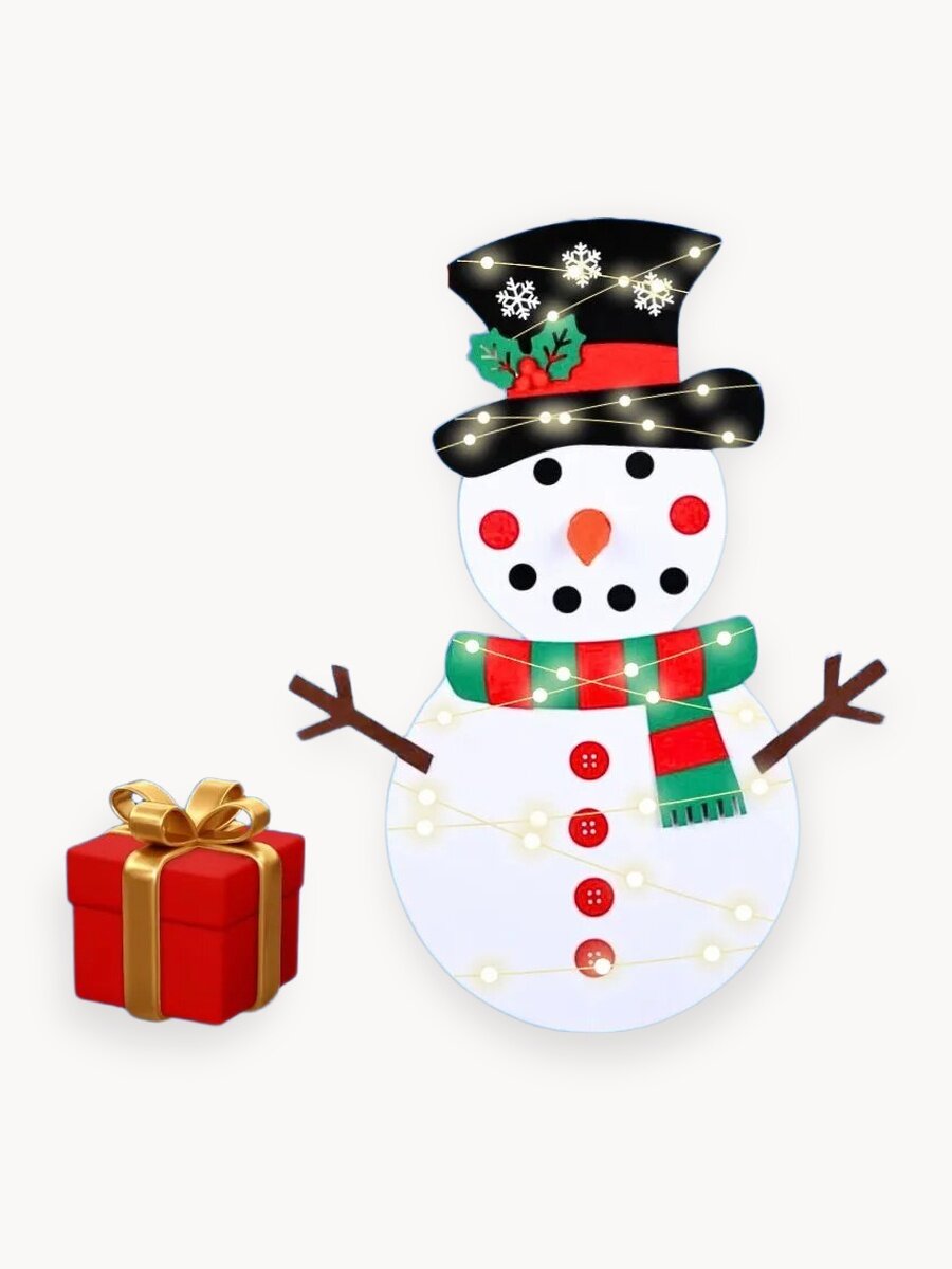 Снеговик из фетра новогодний с гирляндой, с набором детских игрушек