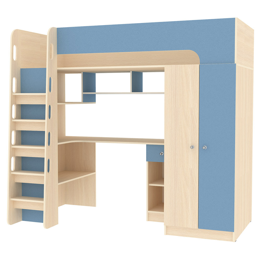 Кровать чердак Астра 10 Дуб Молочный Светло Синий/Голубой