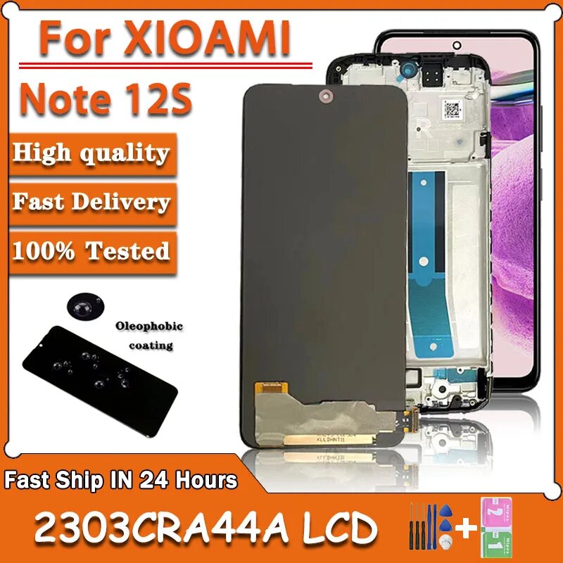 100% протестировано для Xiaomi Redmi Note 12S Note12S 23030RAC7YLCD, дигитайзер сенсорного экрана Note 12s Note12s 2303CRA44A, рамка дисплея AMOLED With Frame