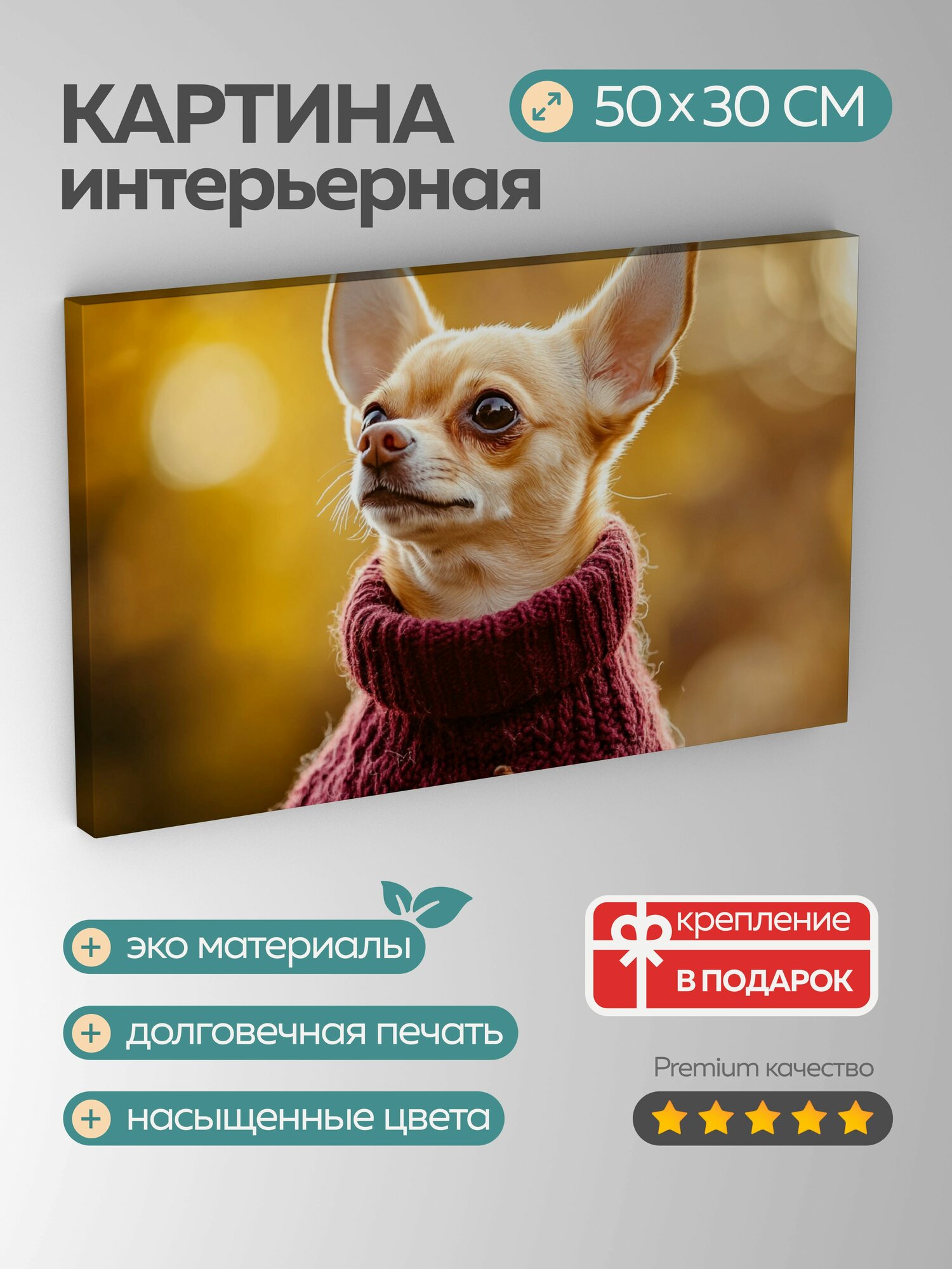 Картина на холсте интерьерная 50х30 см, чихуахуа, бордовый свитер, высокое разрешение, игривый момент, жизнерадостный