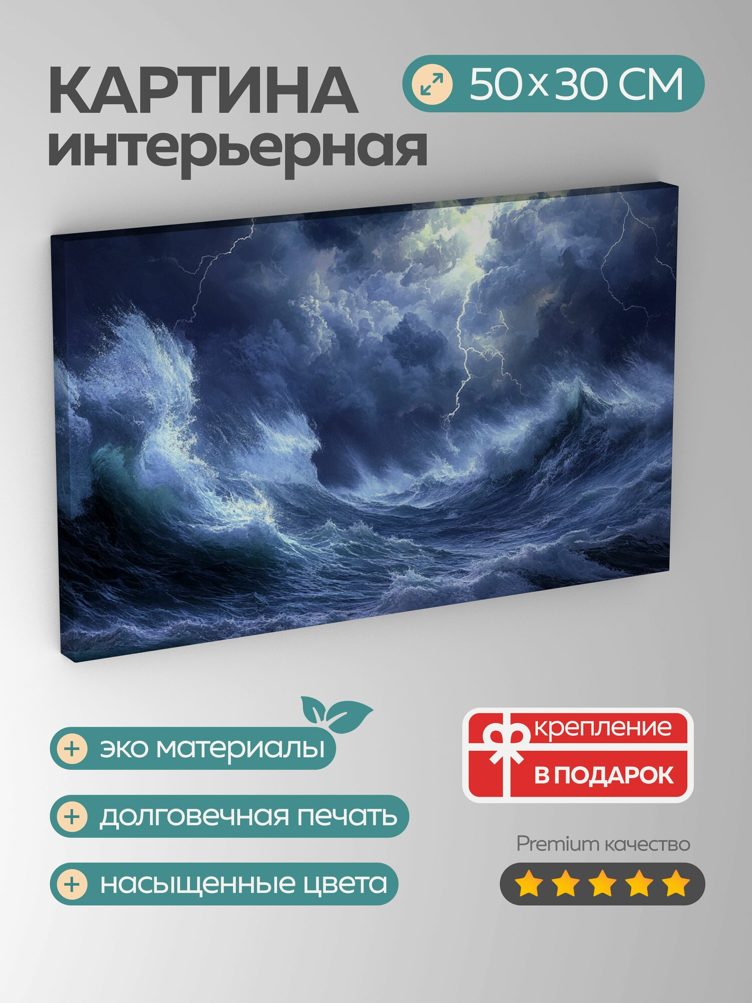 Картина на холсте интерьерная 50х30 см, шторм, море, высокие волны, молнии, береговая линия, энергия, природа, брызги