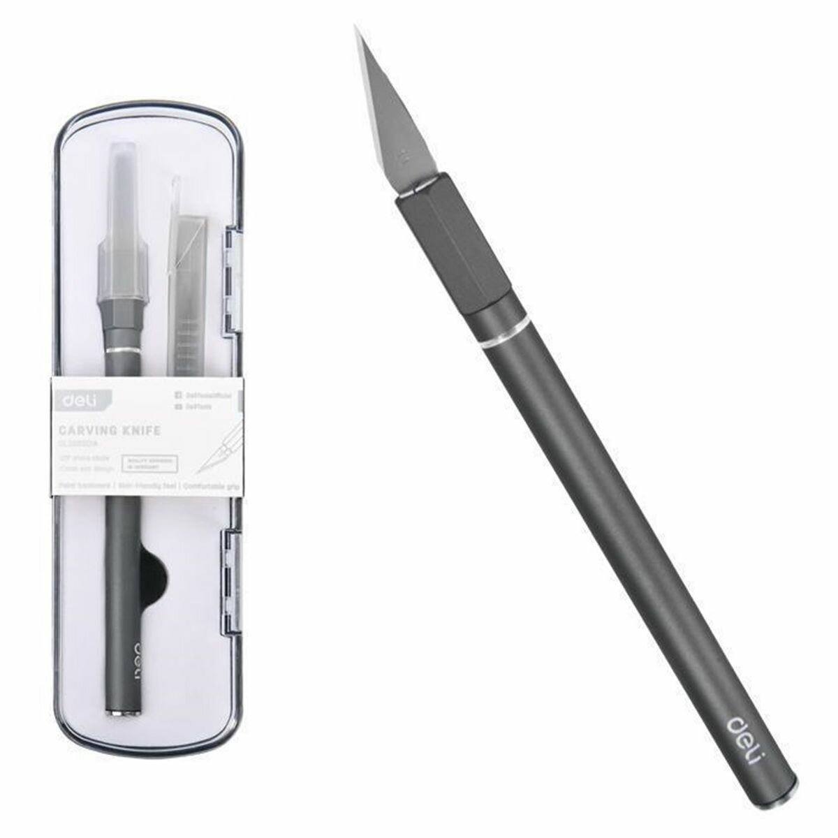 Нож-скальпель Deli Tools DL359201A, макетный, серый, алюминиевый, 14,6 см