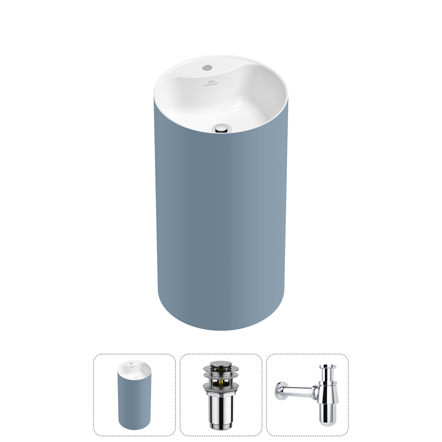 Круглая напольная раковина для ванной Wellsee Chalice Perfection 20213085R в наборе 3 в 1: напольная отдельностоящая раковина моноблок (чаша белый глянец, стенки матовый светло-синий), донный клапан, сифон (цвет хром)