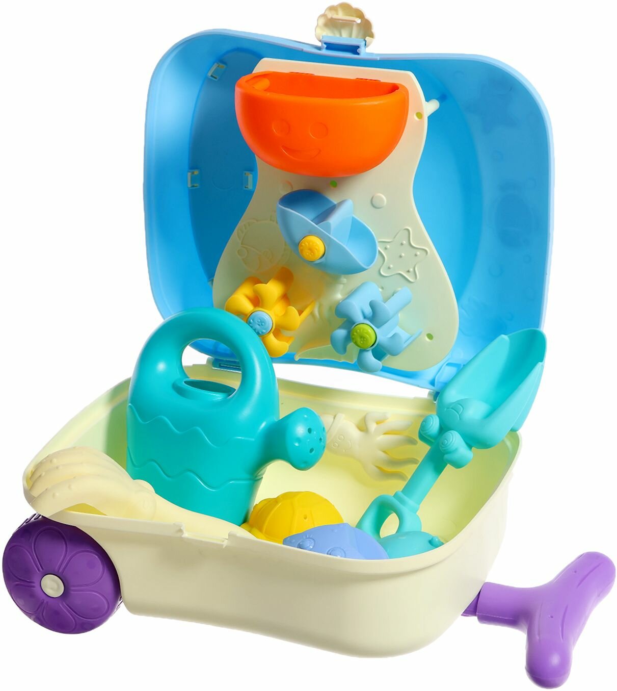 Песочный набор "Чемоданчик", 7 предметов: лейка, лопатка, грабли и 3 формочки, детские пластиковые игрушки для песочницы, цвета микс