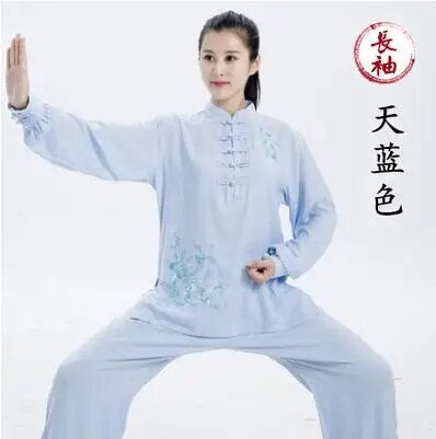 Женский вышитый костюм ушу из льна L, Синий, Синий
