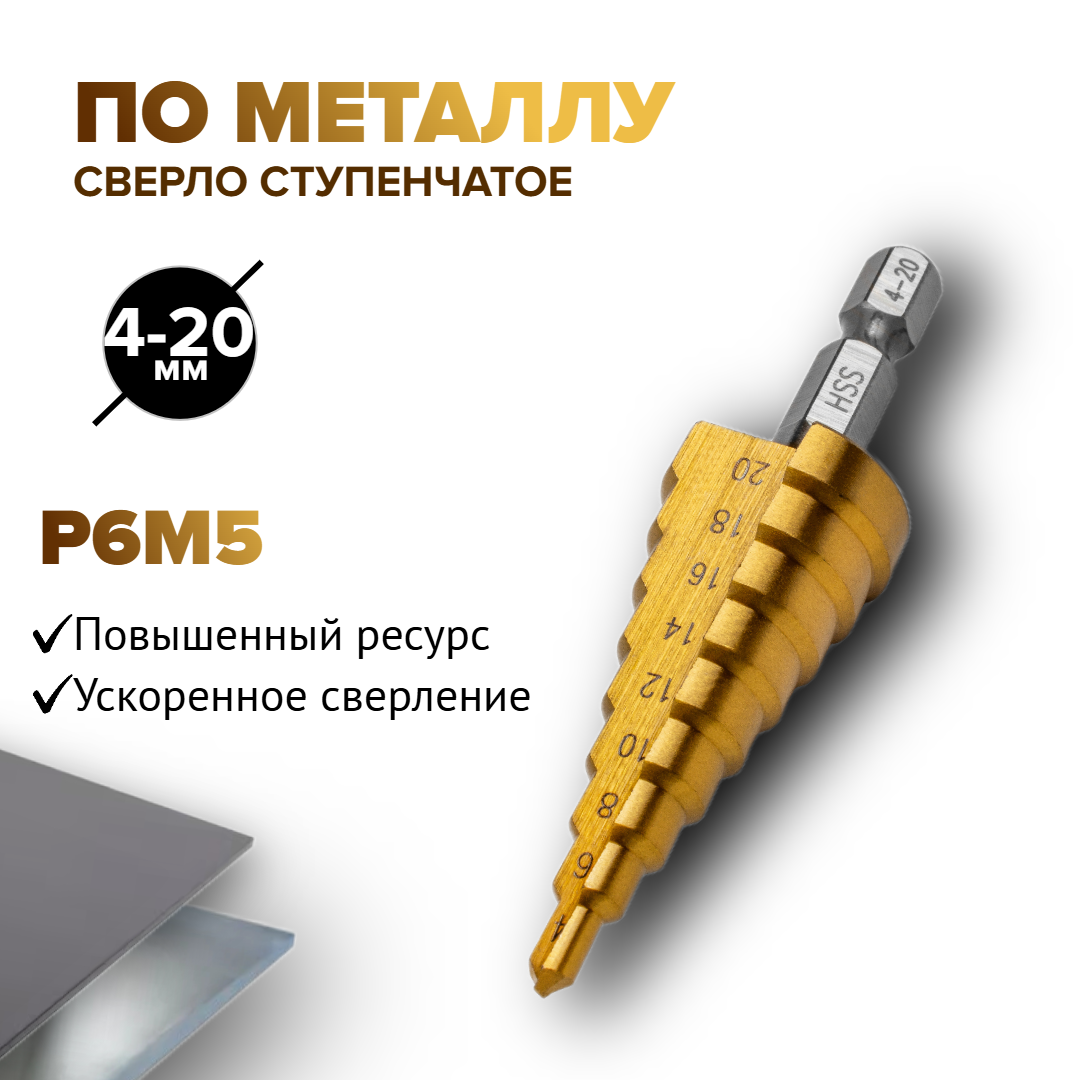 Сверло ступенчатое по металлу 4-20мм, с ускоренным сверлением.