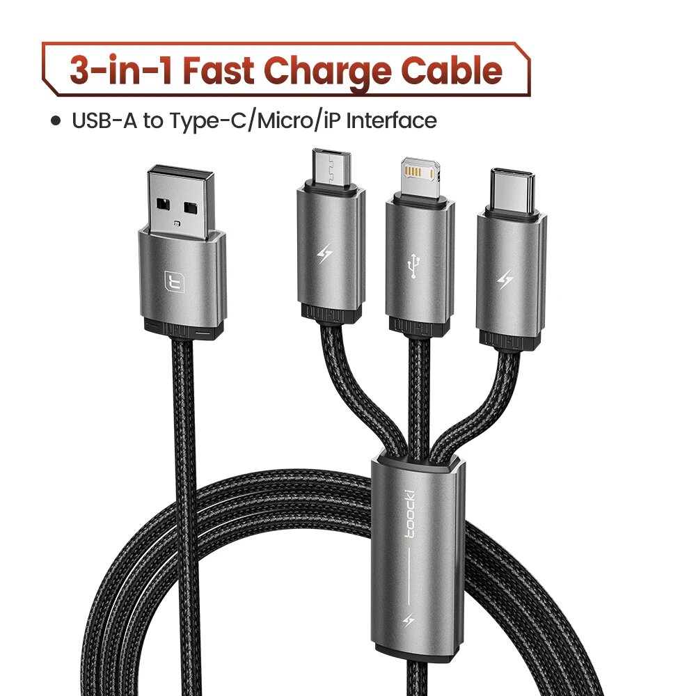 Toocki 3-в-1 кабель USB Type-C/Micro/iPhone, черный, 1м