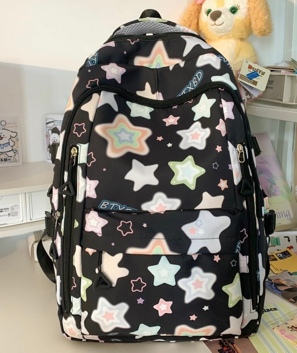 Рюкзак школьный для девочки черный / Рюкзак корейский Y2K милый для школы модный со звездами ZY
