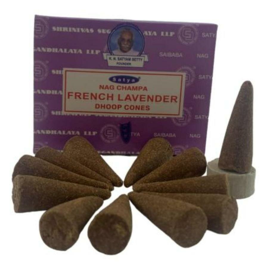 NAG CHAMPA FRENCH LAVENDER DHOOP CONES, Satya (НАГ чампа французкая лаванда конусные благовония, Сатья), уп. 12 конусов + подставка.