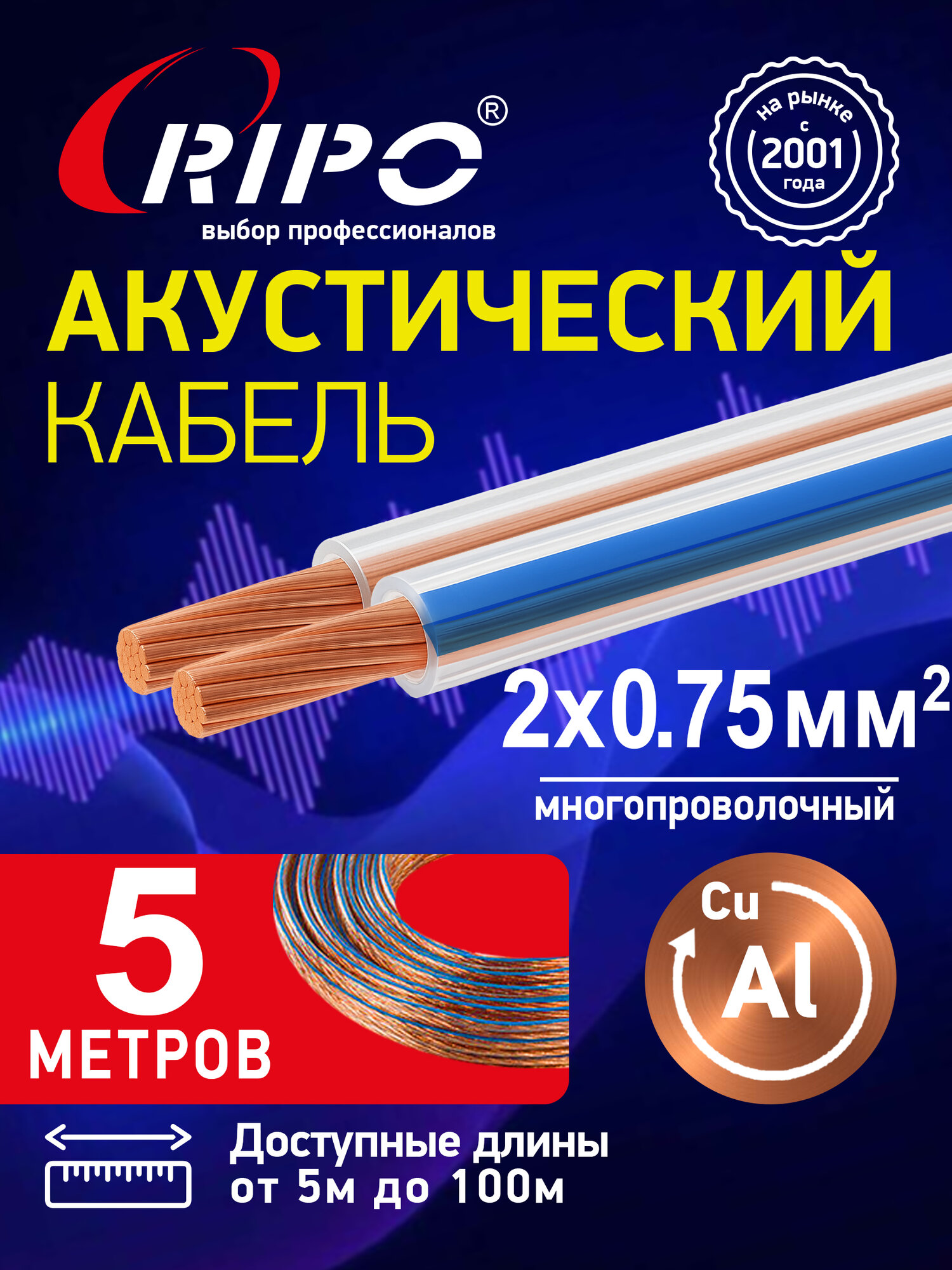 Audio Cable, Аудиокабель, Кабель акустический 5 м алюмомедь Ripo SC-TR-2x0.75 CCA, прозрачный, 2х0,75 мм2 многожильный, Спикерный провод 5 метров 001-700010-5