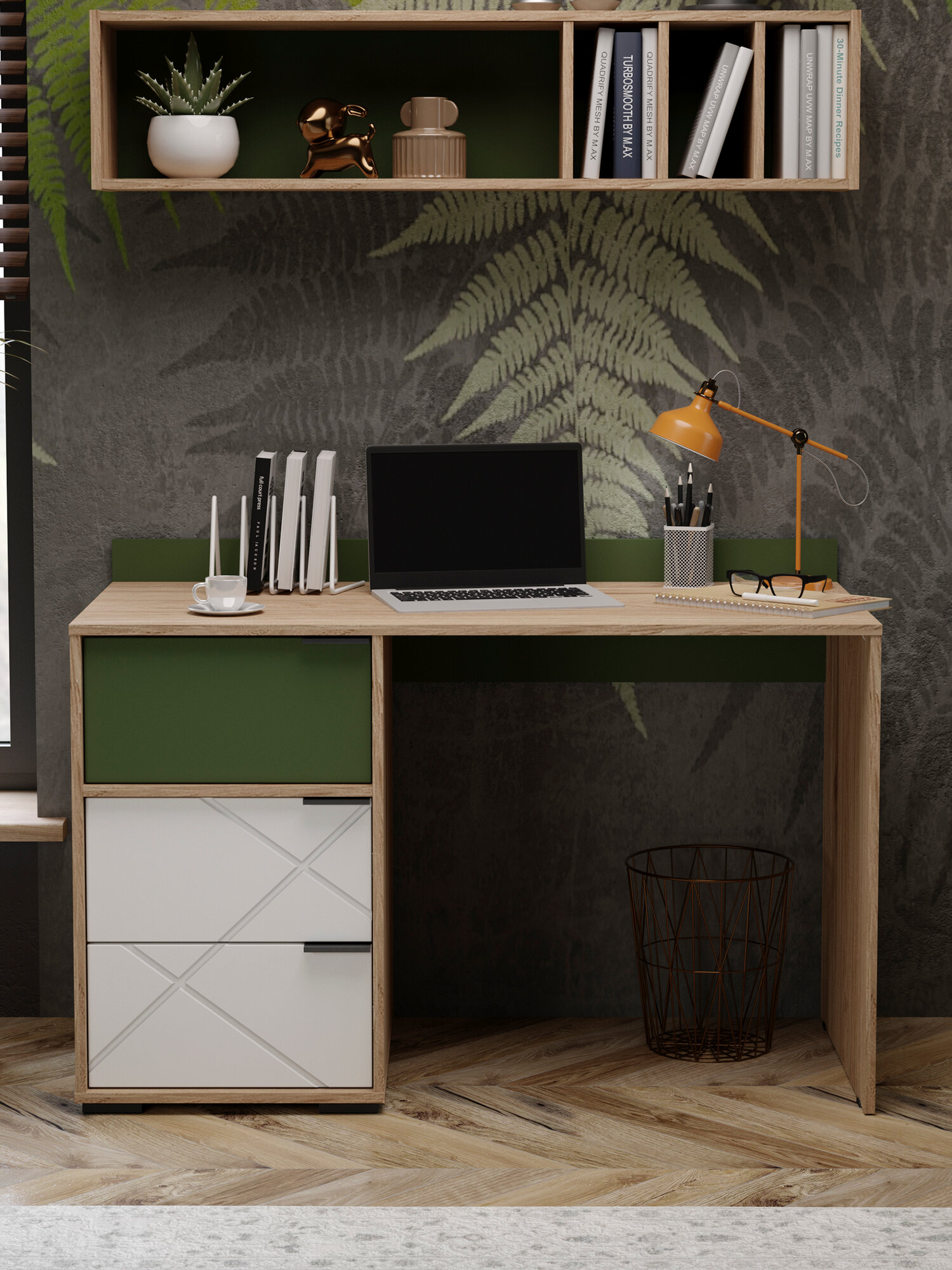 Стол письменный "Лео" (Гикори джексон/Белый матовый/Дымчатый зеленый)