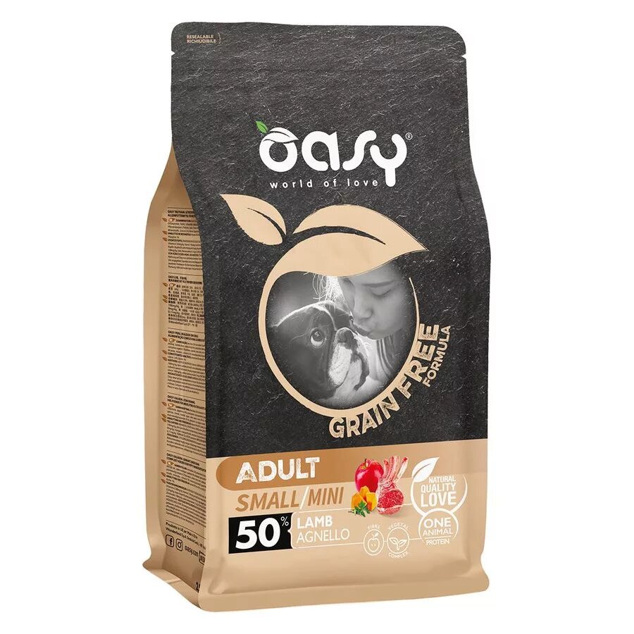 Полнорационный сухой корм собак мелких и миниатюрных пород Oasy Dry Dog Grain Free Adult Small, с ягненком - 2,5 кг