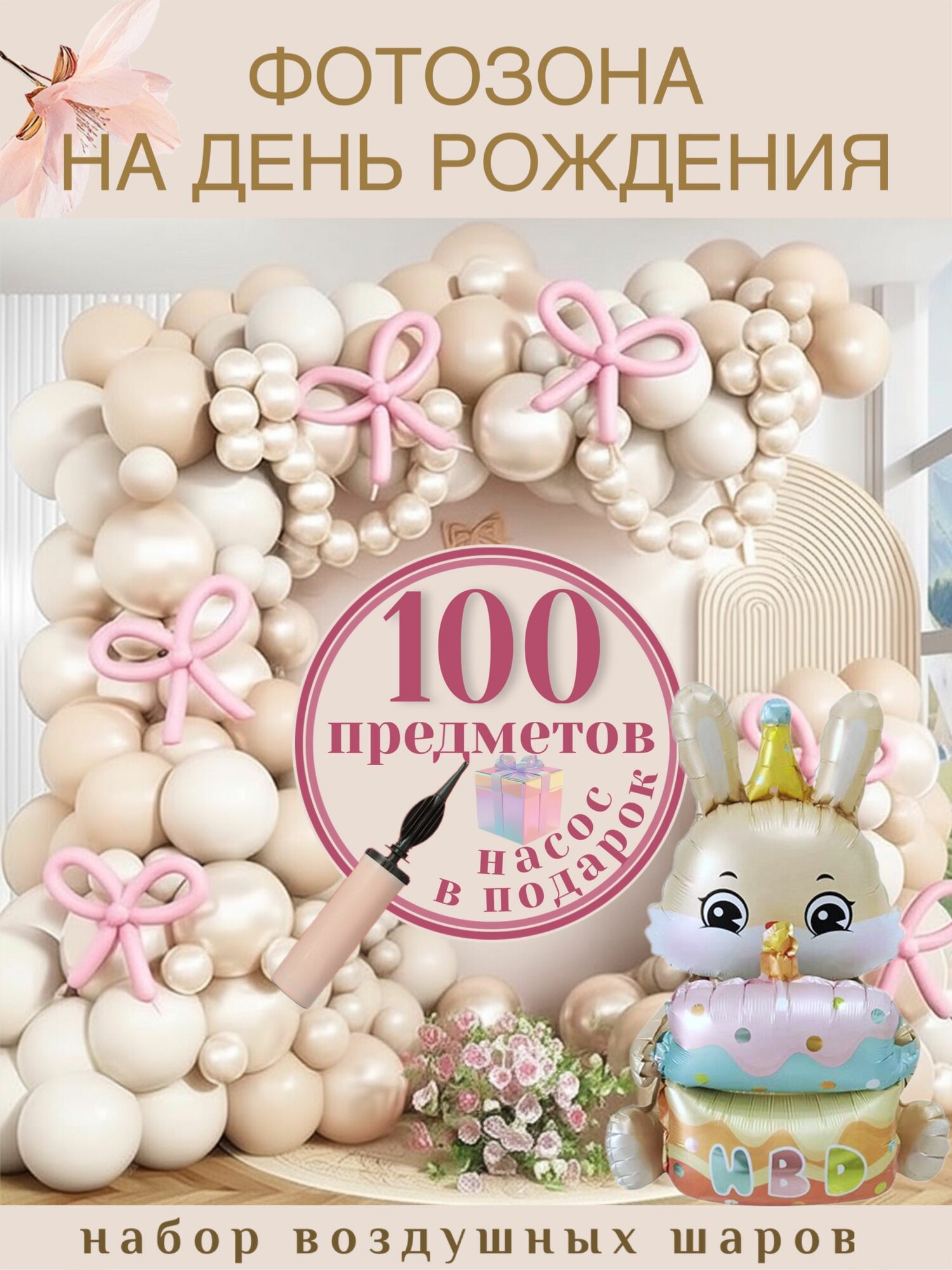 Фотозона на день рождения (100 предметов) насос в подарок, набор воздушных шаров