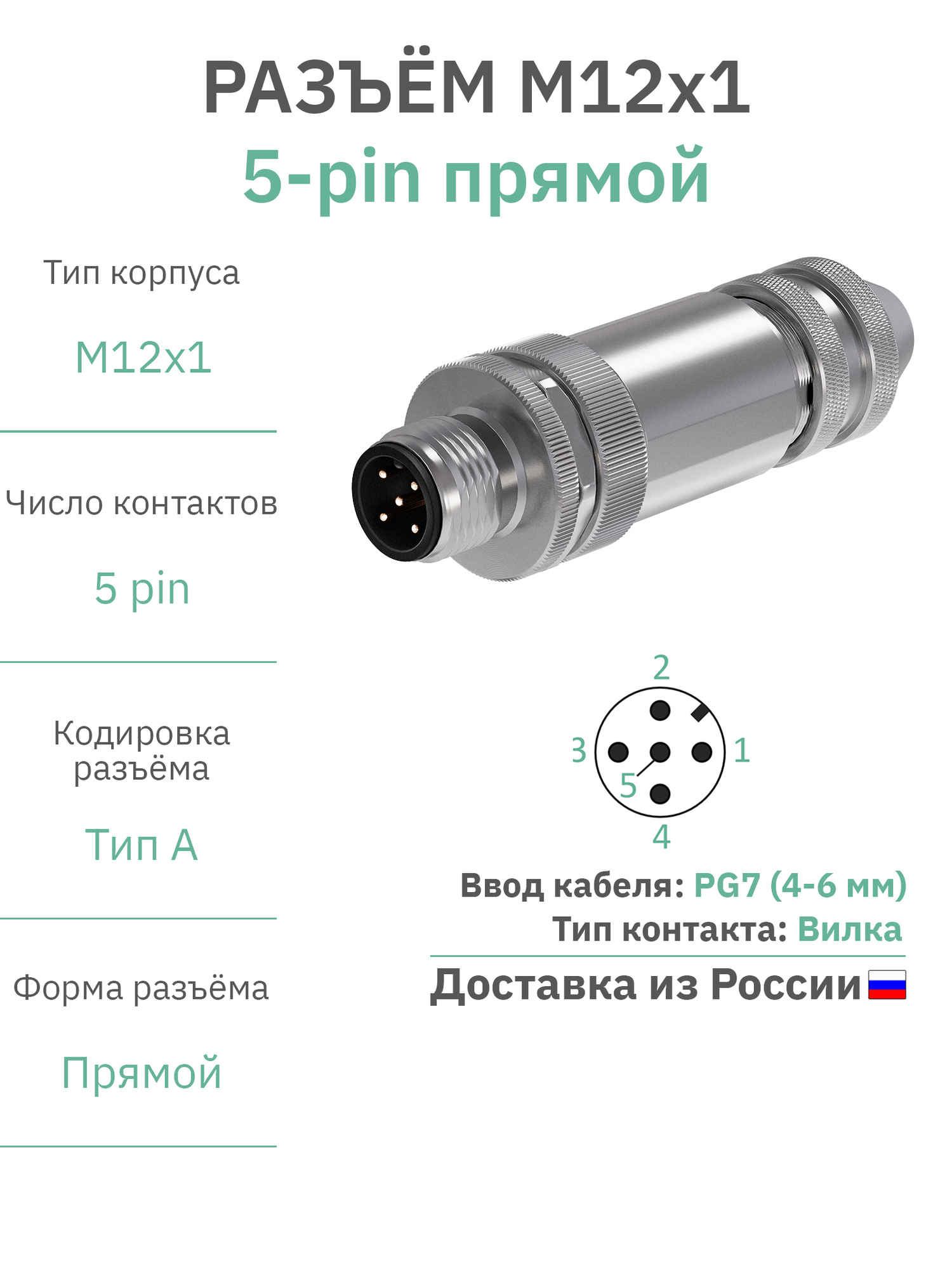 Разъём M12 Ethernet 5 pin прямой / вилка (папа) / PG7 (4-6 мм диаметр под кабель) / модель RAZM-M12-C5-PG7-LT