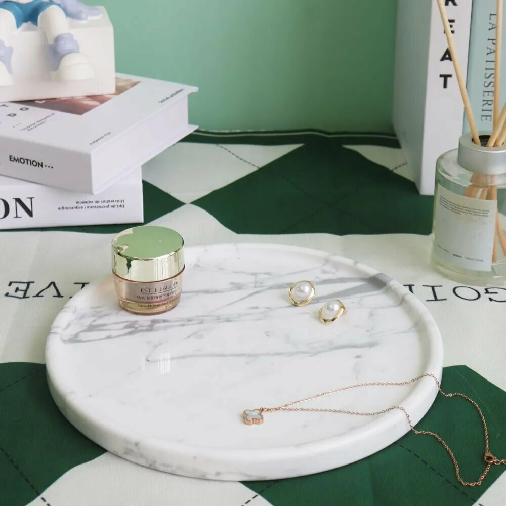 Поднос для предметов в ванную комнату "Высококачественный мраморный круглый поднос для ароматических свечей в ванной комнате"