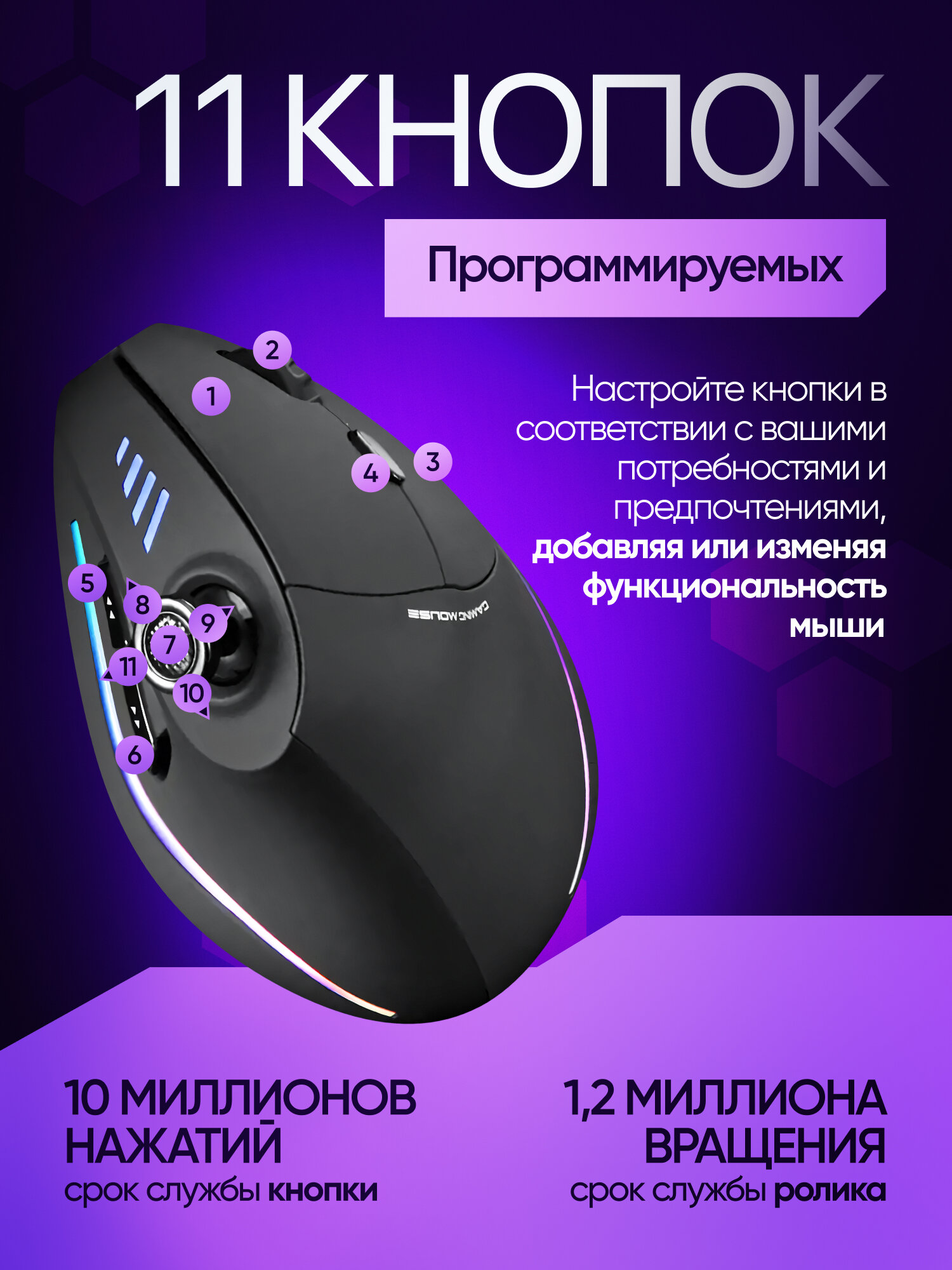 Игровая мышь ZELOTES C-18, проводная, 11 клавиш, подсветка, черная
