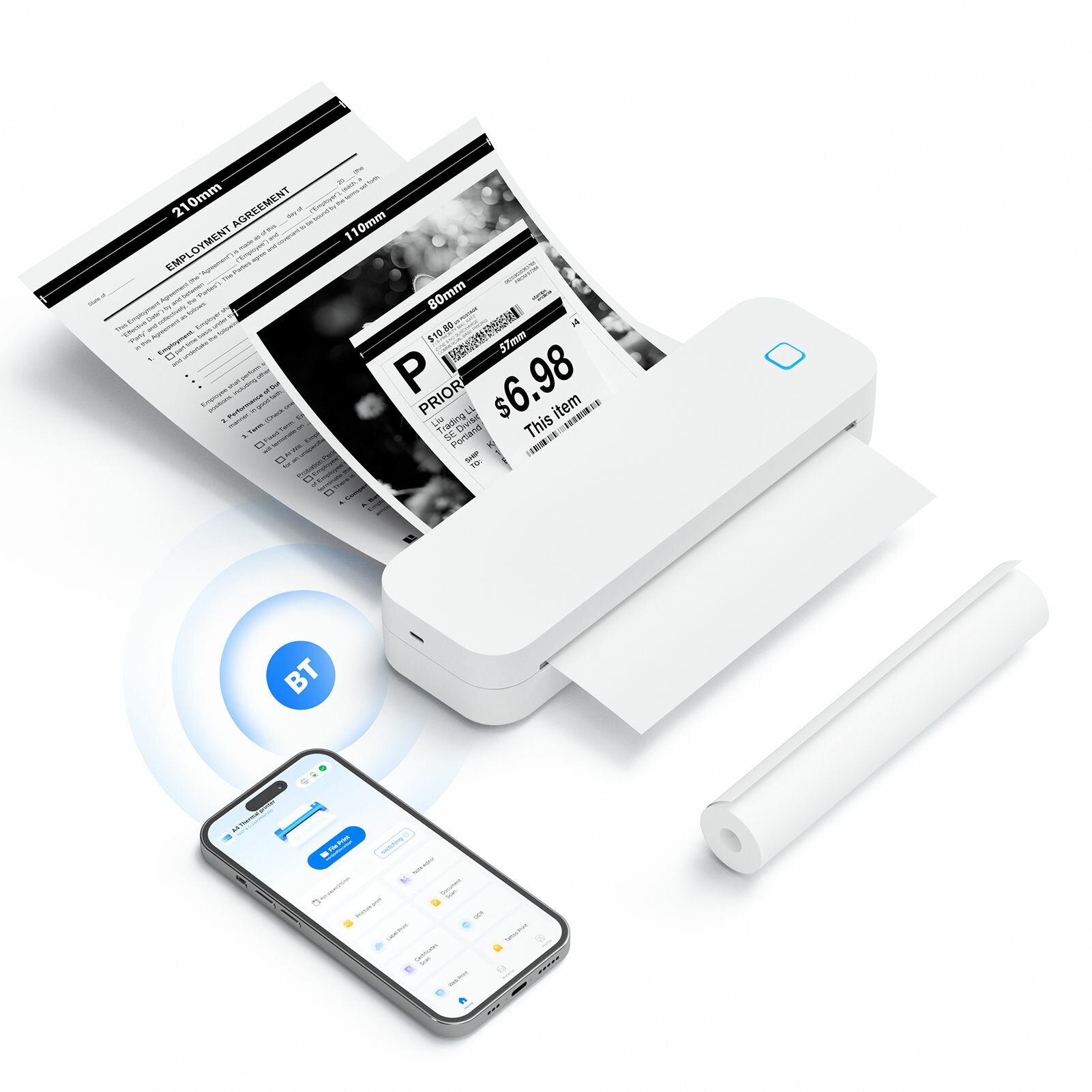 Портативный термопринтер для татуировок с функцией беспроводной печати без чернил, совместимый с мобильными ноутбуками Windows и Mac, поддерживает различные форматы бумаги (например, US Letter A5)