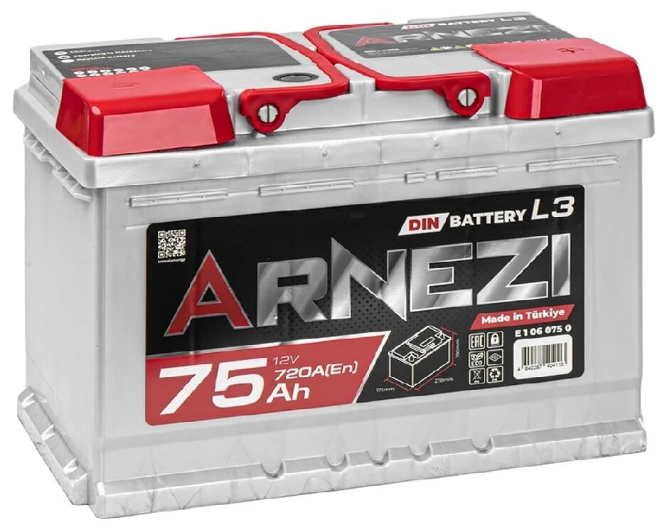 Аккумулятор автомобильный Arnezi DIN 75 А/ч 720 А обр. пол. Евро авто (278х175х190) E1060750
