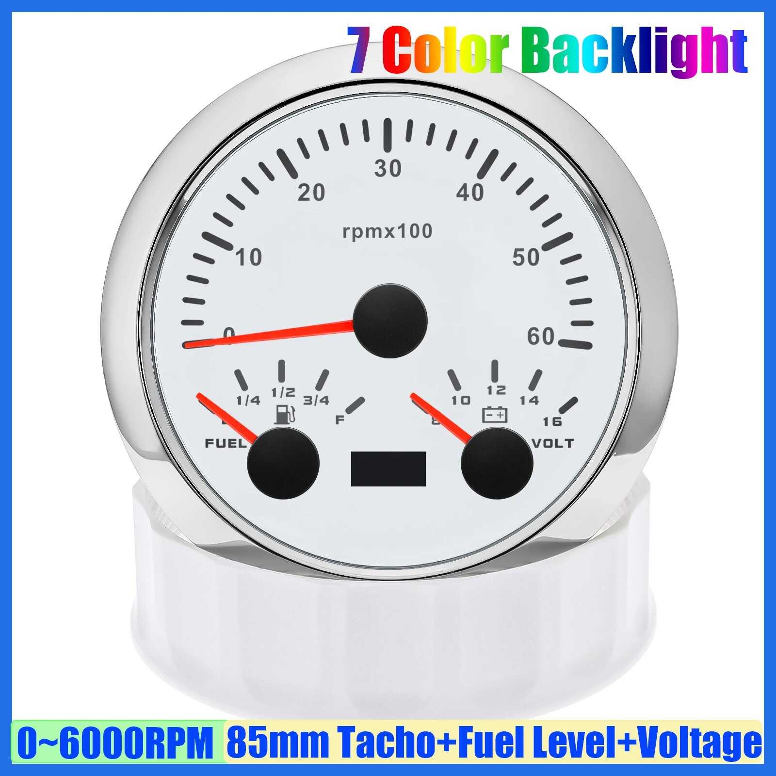 Тахометр 85 мм 0-6000RPM + Fuel + Volt, 7 цветов