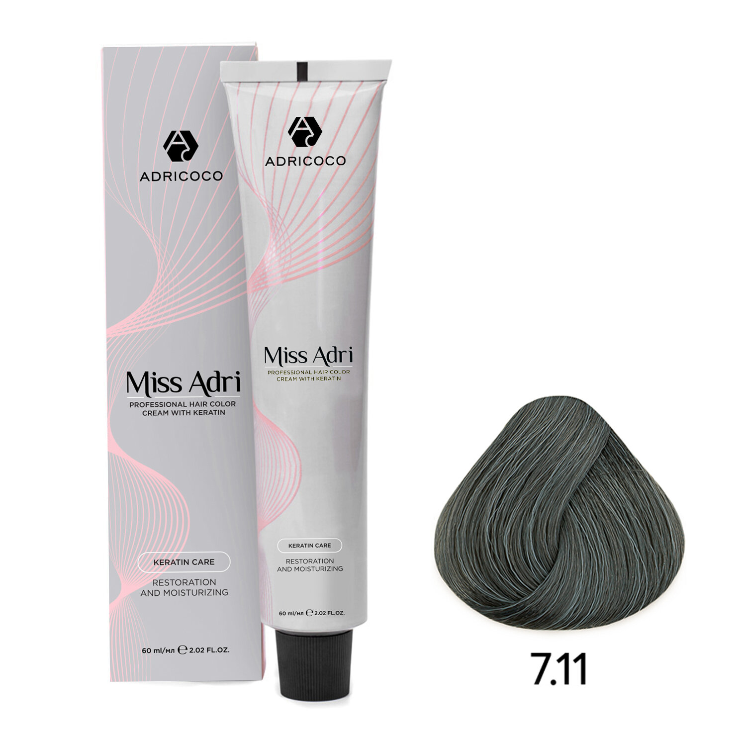 Крем-краска для волос Miss Adri с кератином, оттенок 7.11 Блонд интенсивный пепельный, ADRICOCO, 60 мл
