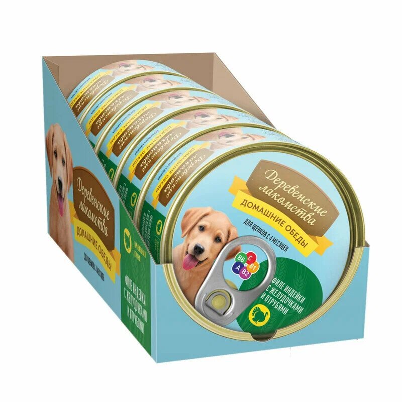 Корм для щенков Деревенские лакомства Домашние обеды, индейка, куриные желудочки, с отрубями 1 уп. х 5 шт. х 100 г