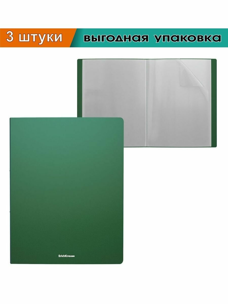 Папка файловая пластиковая ErichKrause Matt Classic, c 20 карманами, A4, зеленый (в упаковке 3 штуки)