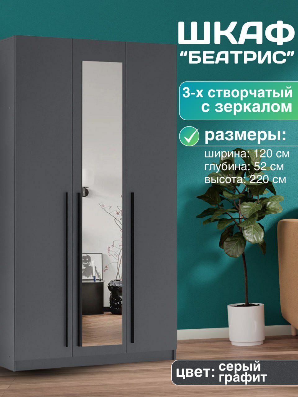 Шкаф распашной для одежды с зеркалом Беатрис, 3-х дверный, серый графит, 120х52х220 см