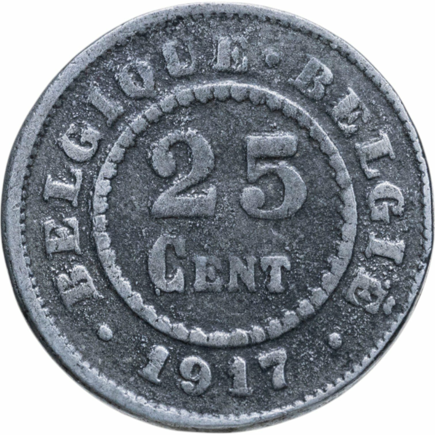 Бельгия 25 сантимов centimes 1917, Цинк, в сохранности VF
