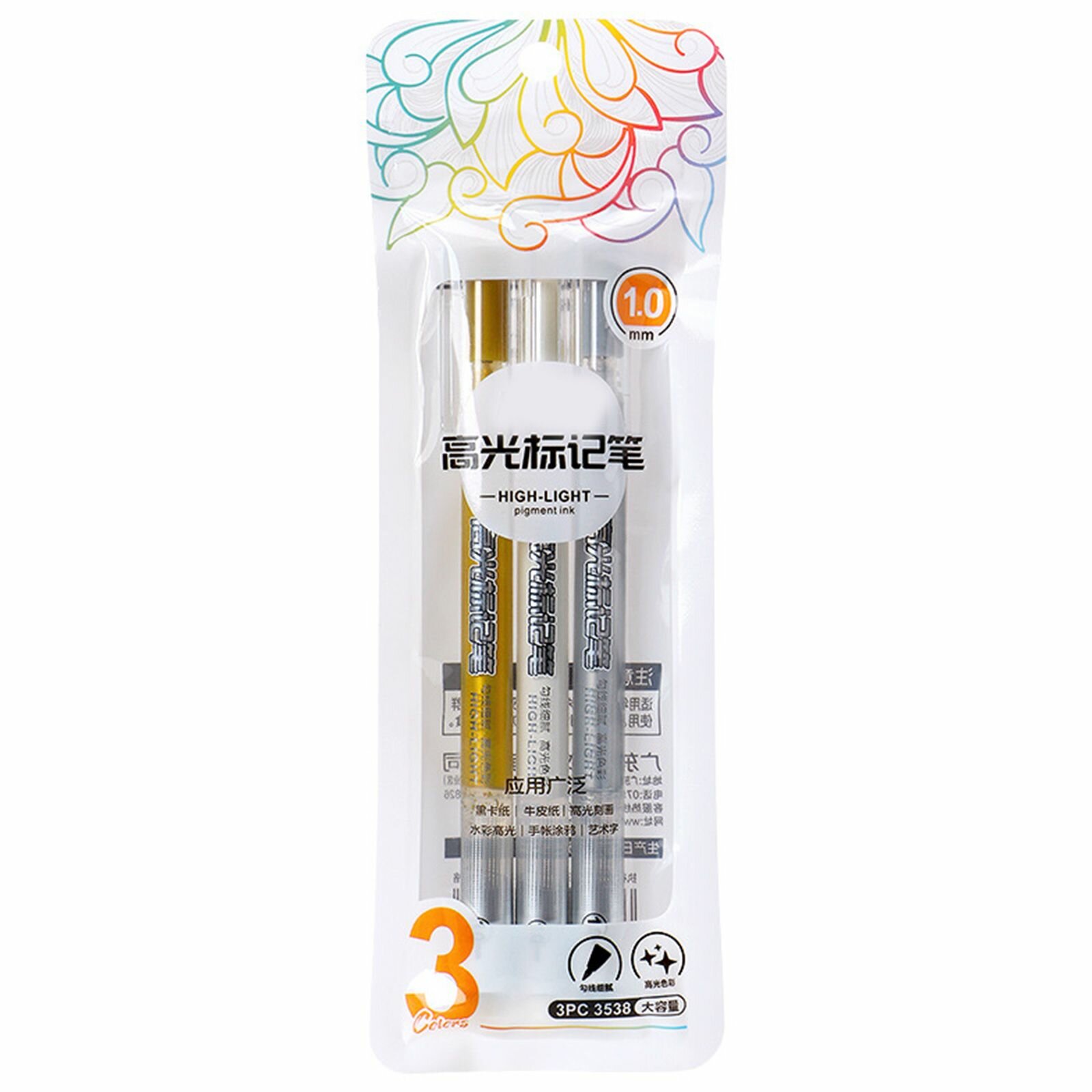 3PCS Gold Silver White Highlighter Pen 10 мм маркер наконечника