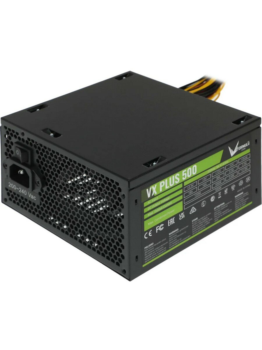 Блок питания FORMULA (AEROCOOL) 500W VX PLUS 500 black (ATX, 20+4 pin, PCIe 6+2P, 3xMolex, 3xSATA, 120mm fan) (VX PLUS 500 (F))