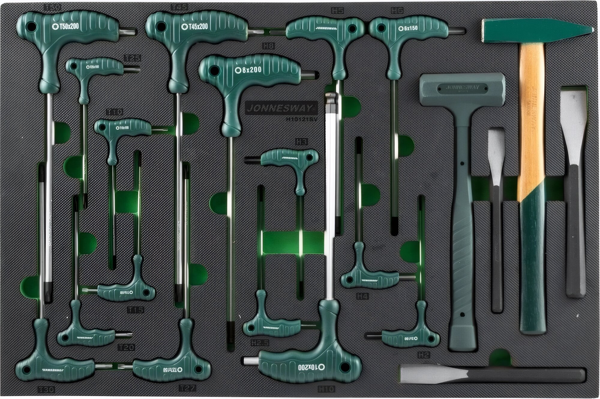 Набор угловых отверток (торцевых ключей), шестигранных и TORX, молотков и зубил. 21 предмет в EVA ложементе 560х400 мм. Jonnesway H10121SV