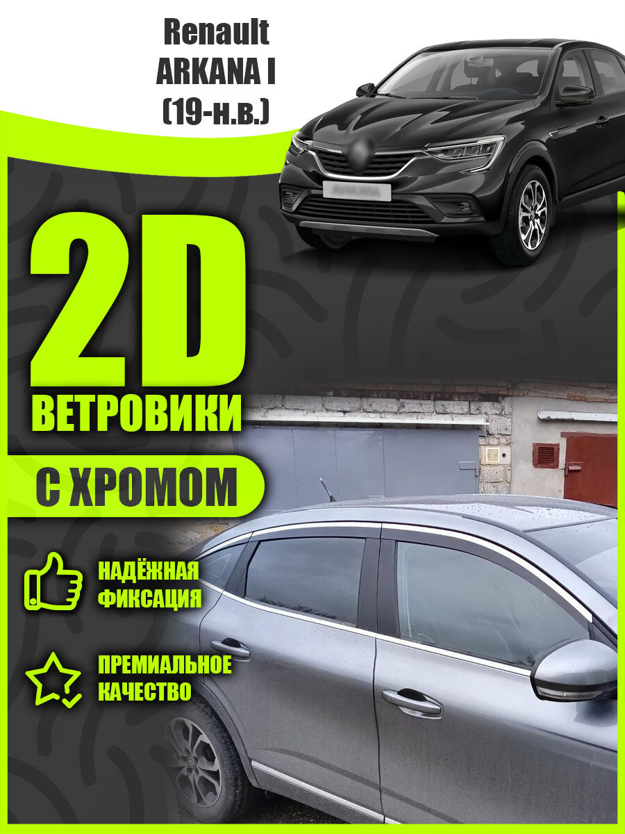 2D дефлекторы с хромом для окон Renault Arkana (2019-2023) Ветровики для Рено Аркана. Комплект 6 шт.