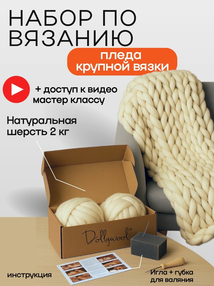Подарочный набор для вязания пледа крупной вязкой толстая пряжа, инструкция, уют своими руками