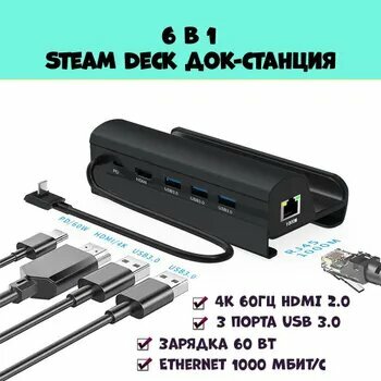 Док-станция для Steam Deck, подставка - зарядное устройство 6 в 1 черная, металлическая 4К 60ГЦ+LAN