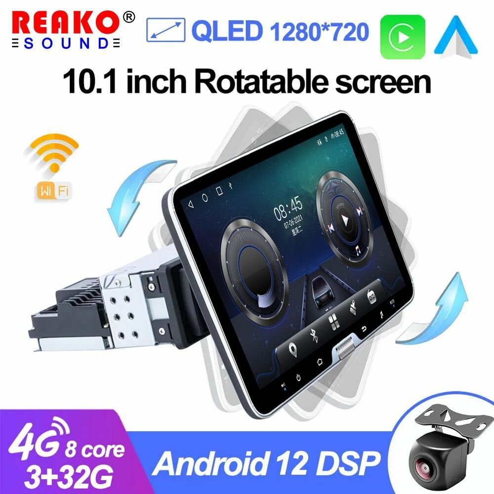 Автомагнитола 1din на Android с поворотным экраном 10.1 дюйм 3/32 Гб 4G-SIM Carplay Wi-Fi Bluetooth GPS