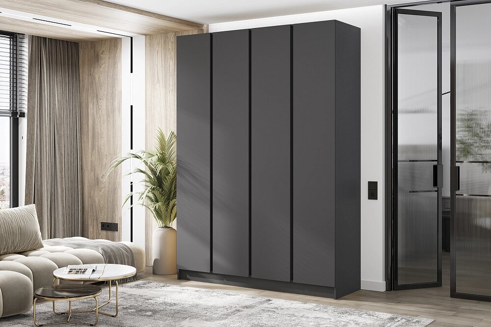 Шкаф Келвин 4х створчатый. Длина 1.6 метра. ЛДСП Графит/Графит.
