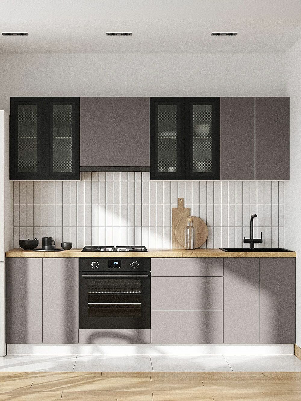 Кухонный гарнитур Тандем 2.4 м, мебель для дома и кухни, Белый / Черный матовый / Грей