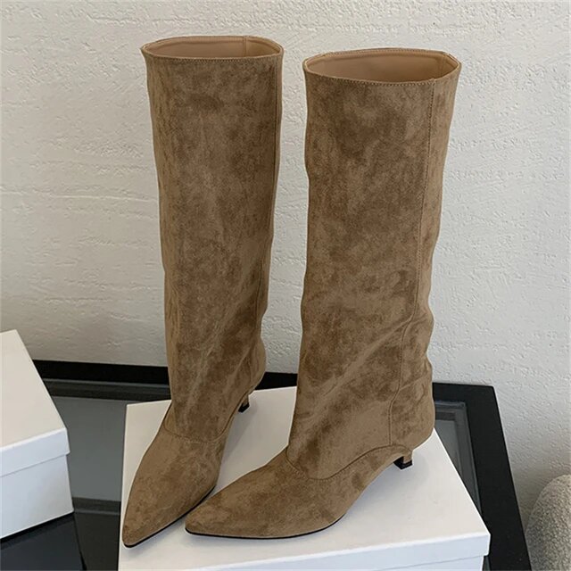 Зимние уличные сапоги с острым носком, женские туфли на низком каблуке, высокие сапоги, женские сапоги, запатос де мухер