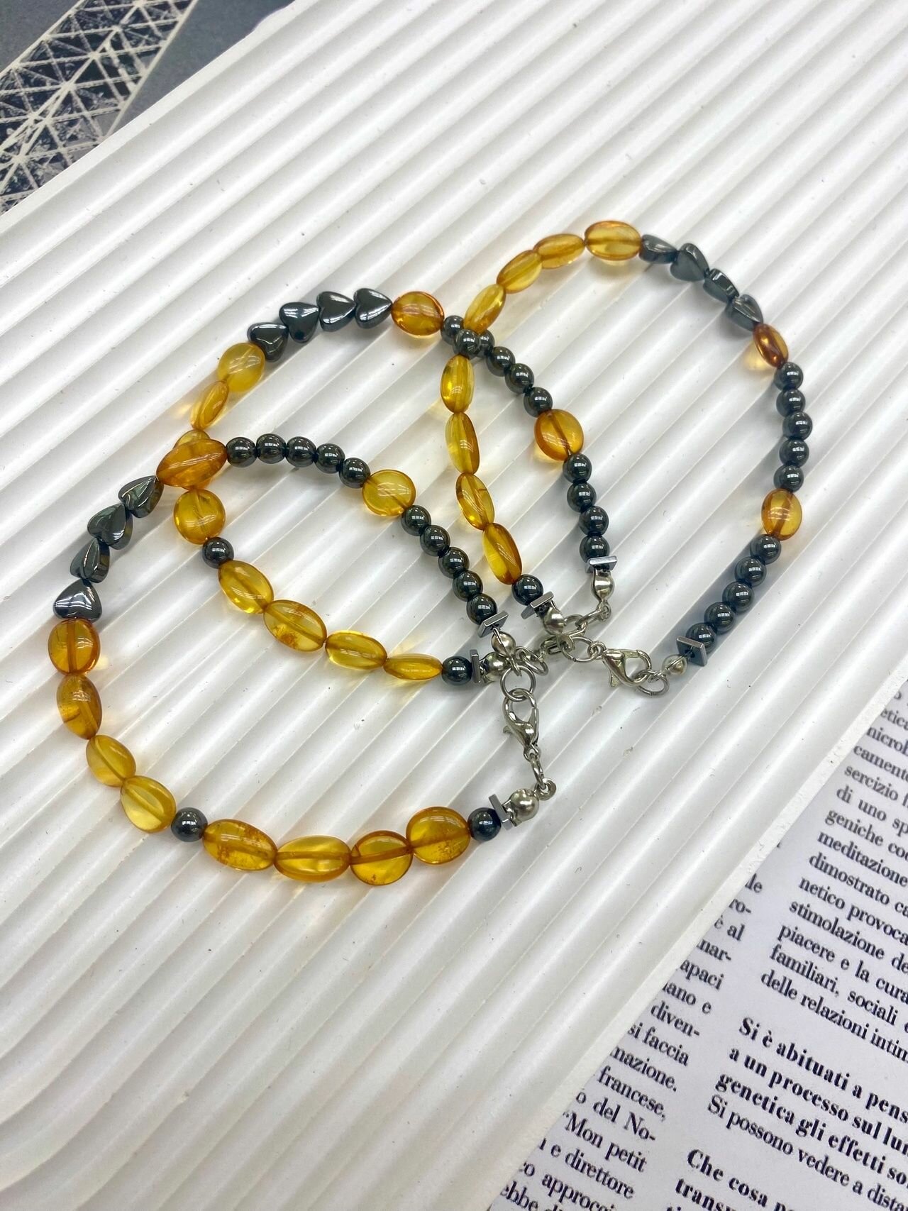 Браслет, гематит, янтарь