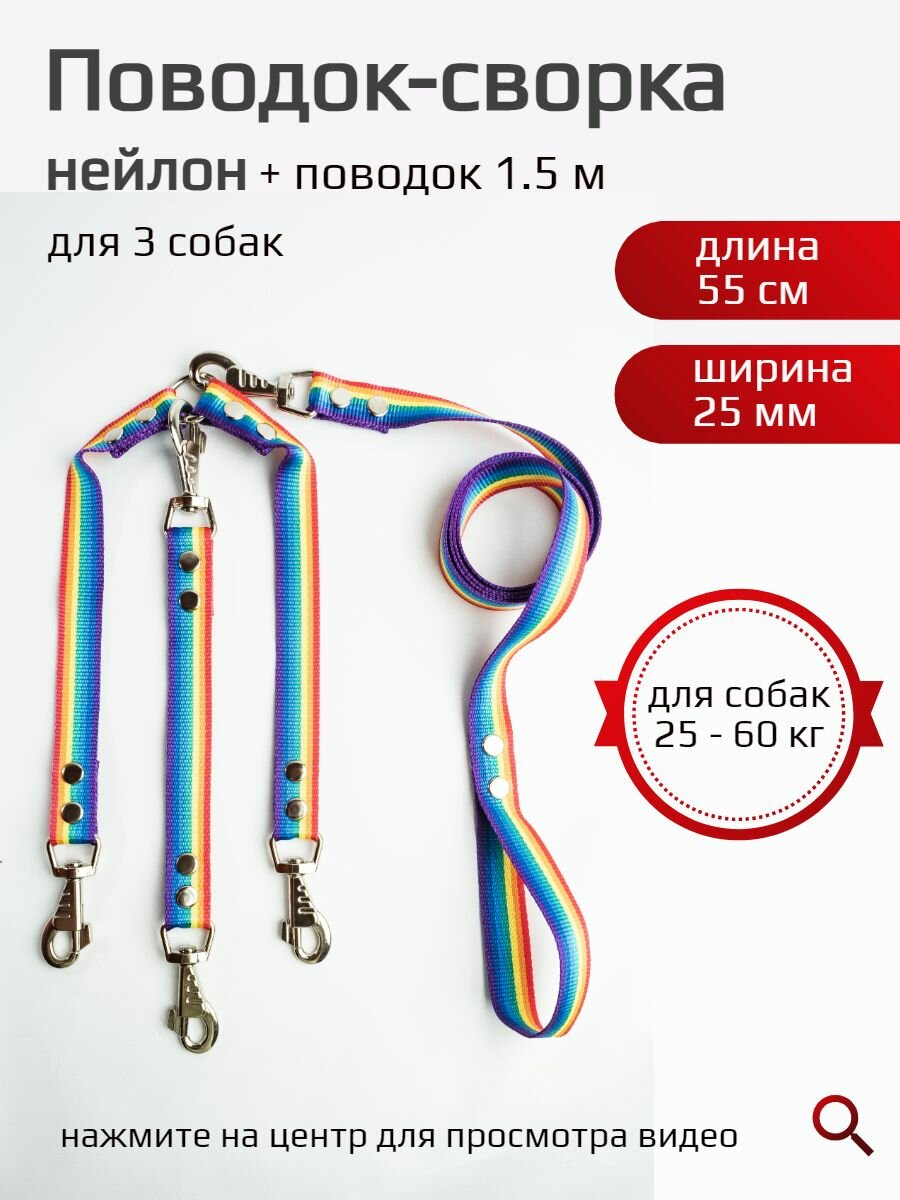 Сворка Хвостатыч для трёх собак нейлон 55 см х 25 мм с поводком 1,5 м (радуга)