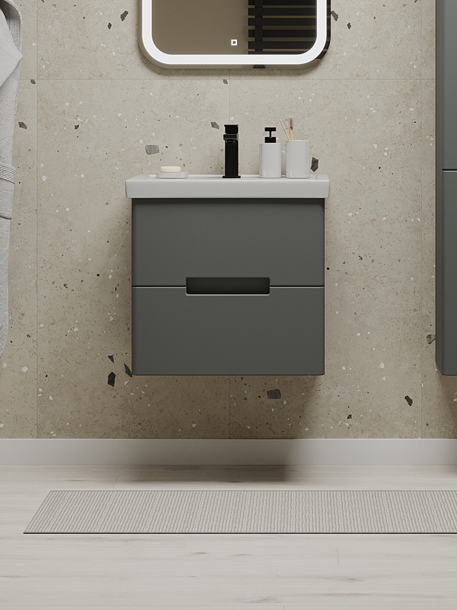 Тумба подвесная Vannika Fetto 50 с раковиной Фостер 50 для ванной комнаты, графит софт