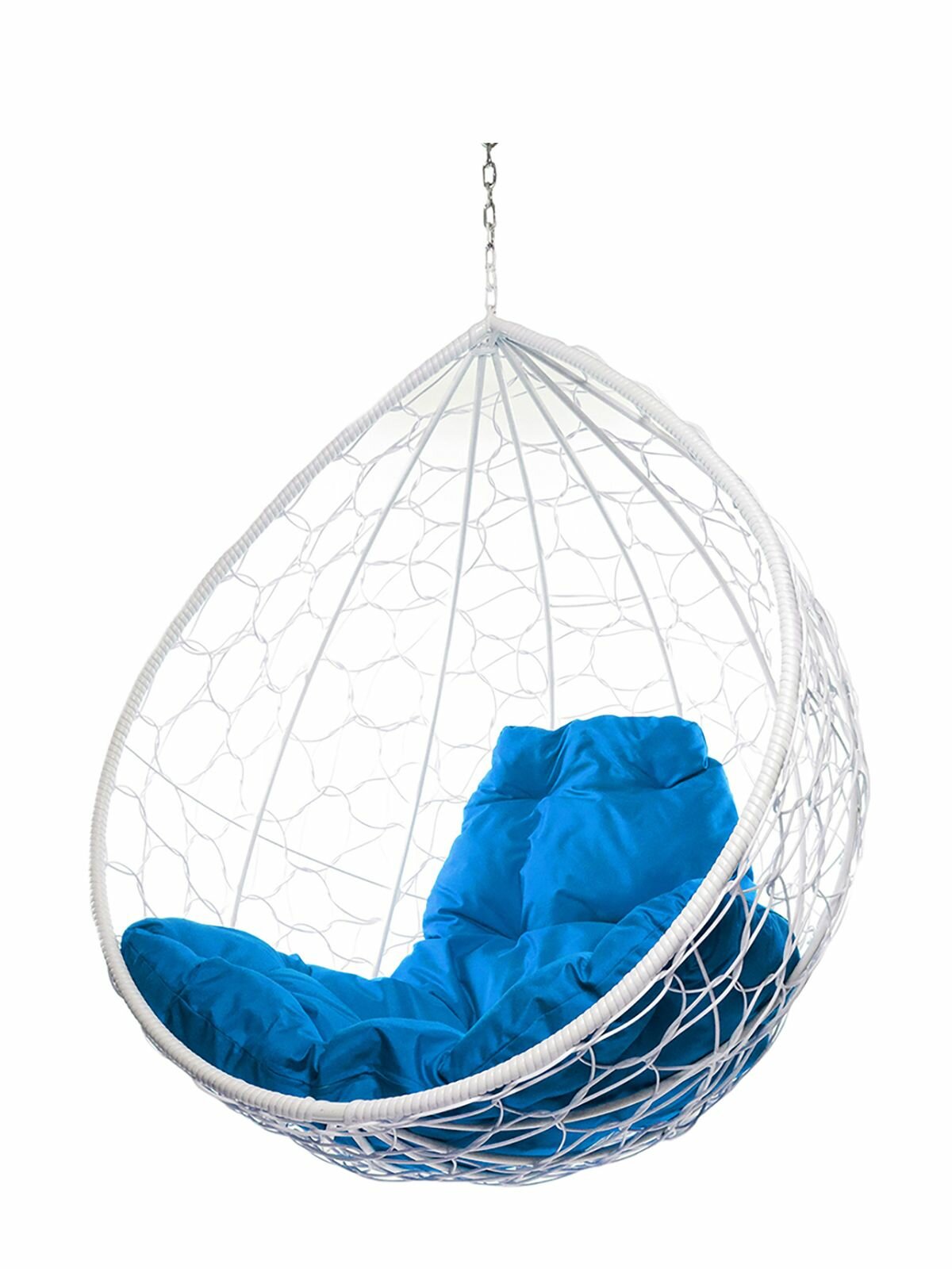 Подвесное кресло капля (без стойки), с ротангом белое, синяя подушка