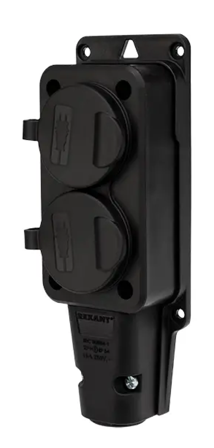 Блок розеток REXANT / Рексант 2 гнезда с заземляющими контактами из каучука, 16А, IP54, влагозащищенная с крышкой, черная, 111-112 / колодка электрическая для удлинителя