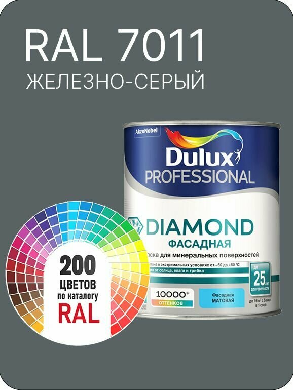 Краска для минеральных и деревянных фасадов Dulux Diamond цвет железно - серый Ral 7011 0.8 л.