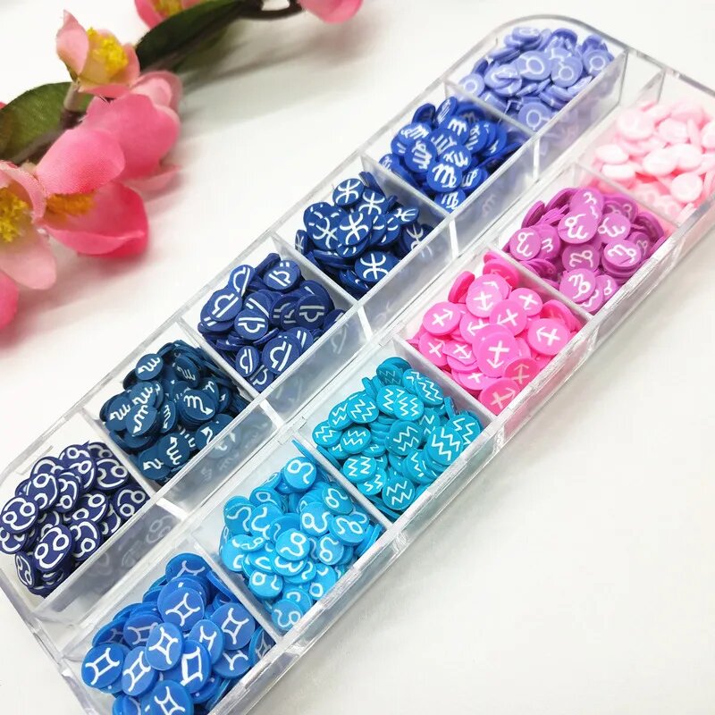 12 знаков зодиака полимерные глиняные Ломтики для поделок своими руками пластиковые клеи для дизайна ногтей, кристальная слизь, пластиковая упаковка