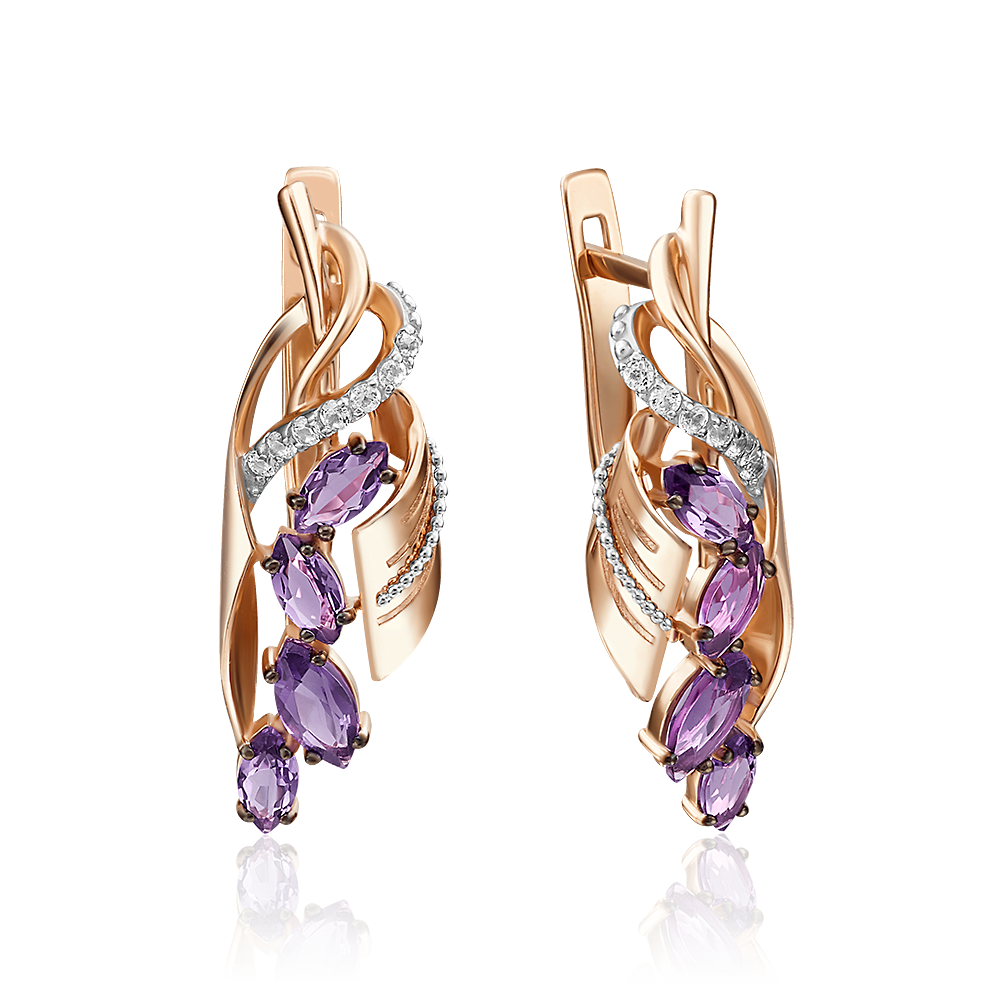 Серьги, красное золото, 585 проба, аметист, топаз