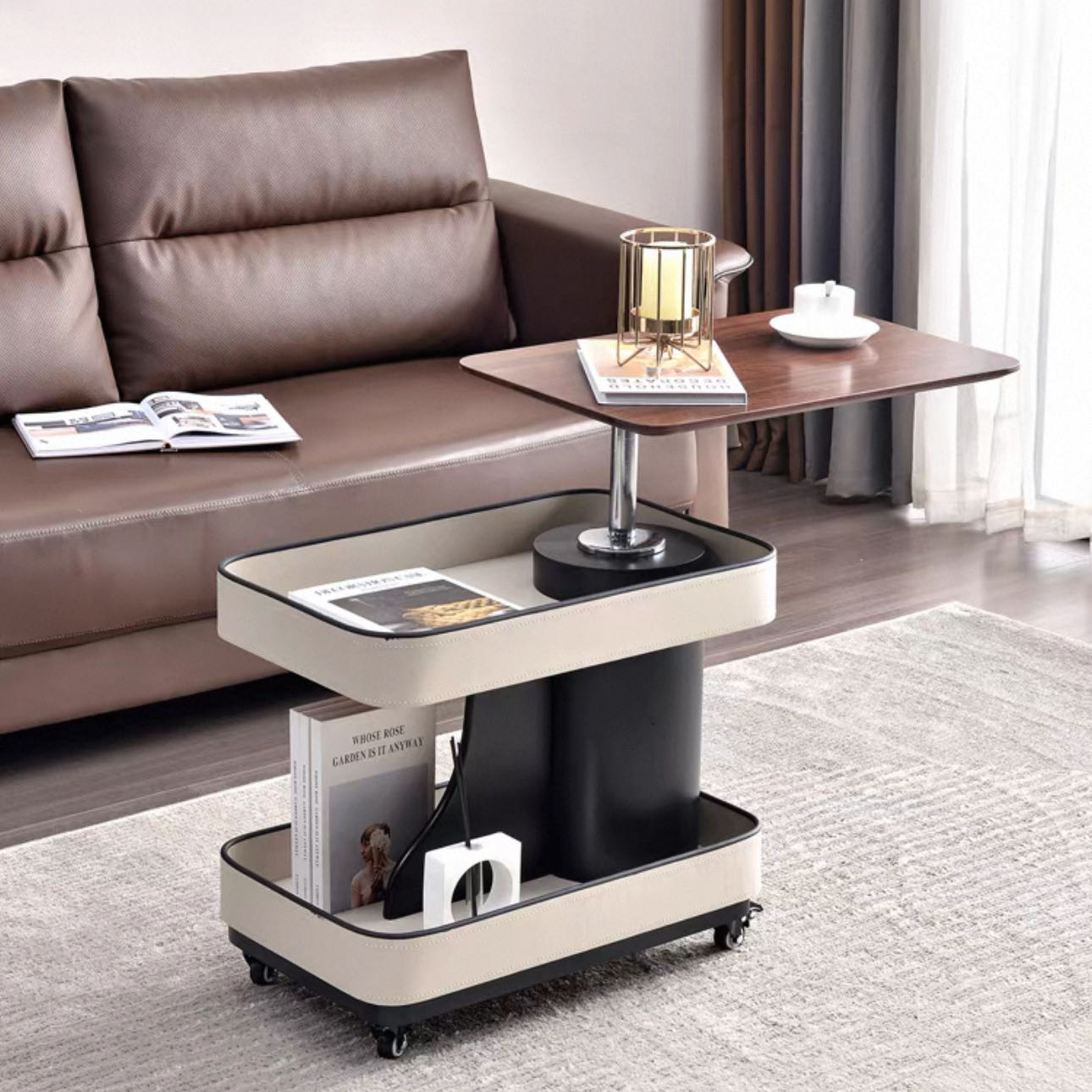 Интерьерный кофейный столик в коже на колесиках с регулируемой высотой Apinos (молочный)