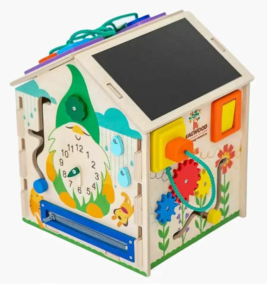 Бизиборд КНР Гном, деревянный, магнитно-меловая доска, сортер